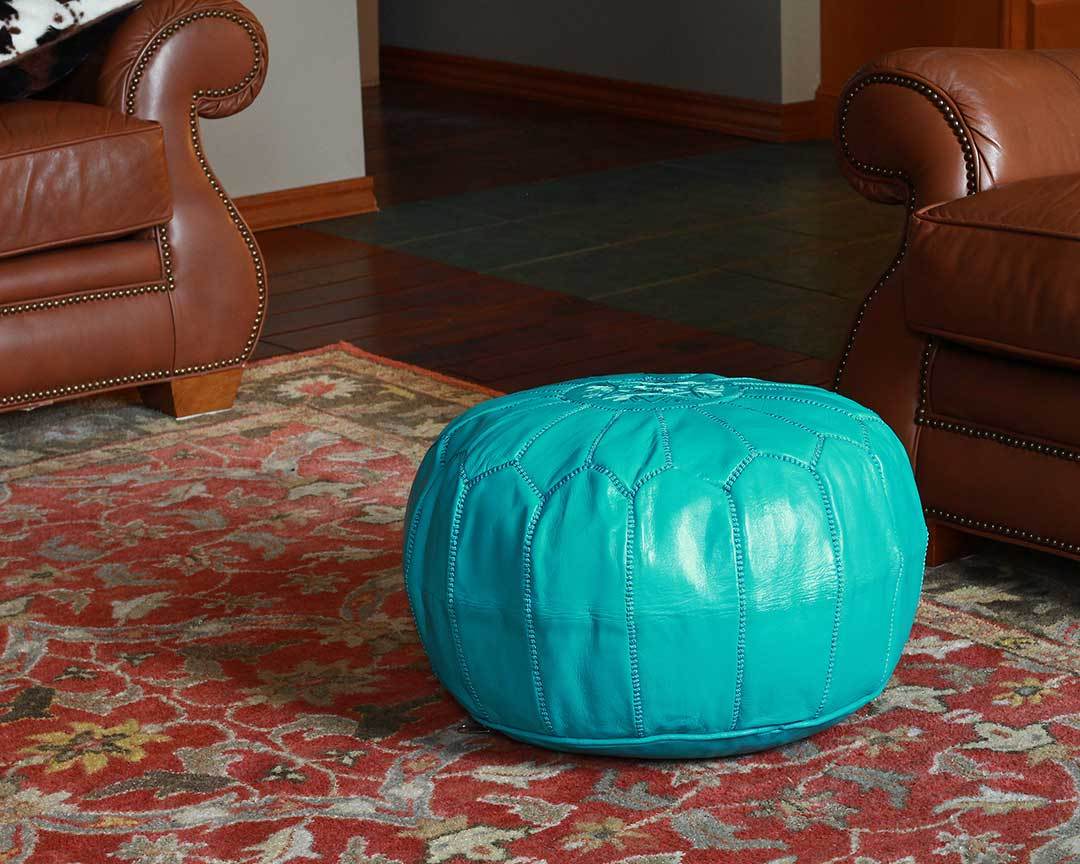 Turquise Moroccan Leather Pouf | MoroccansWay